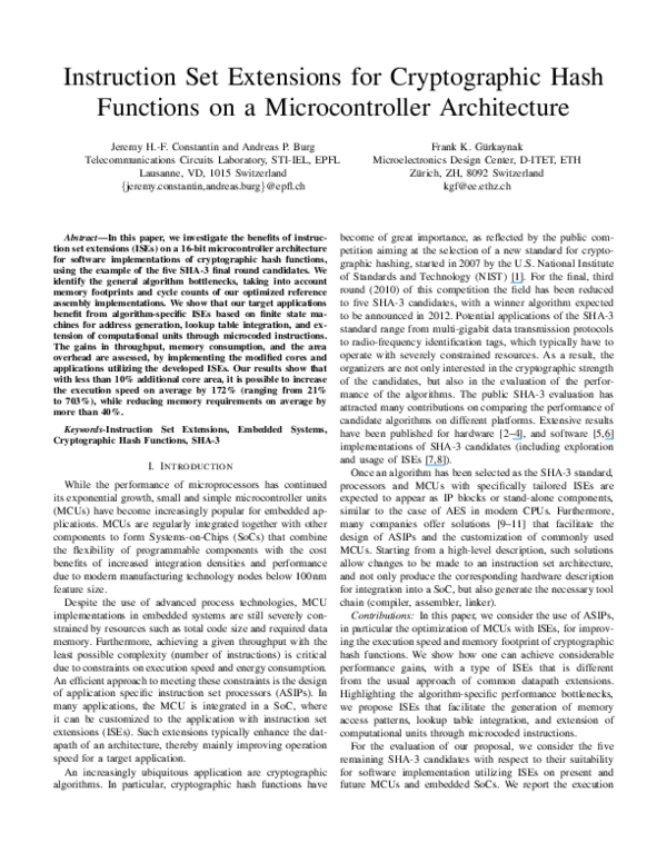 Pdf Instruction Set Extensions For Cryptographic Hash Functions On A Microcontroller