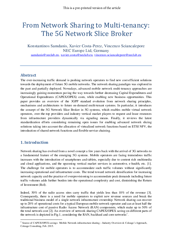 (PDF) From Network Sharing to Multi-tenancy: The 5G Network Slice Broker