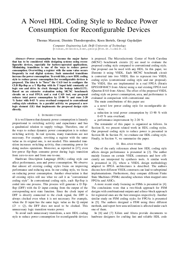 Pdf A Novel Hdl Coding Style To Reduce Power Consumption For Reconfigurable Devices 7474