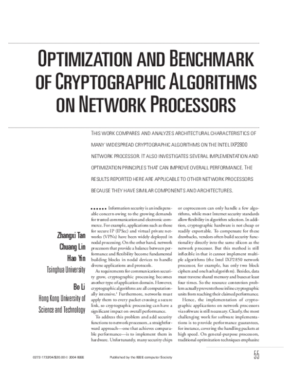 Pdf Optimization And Benchmark Of Cryptographic Algorithms On Network Processors