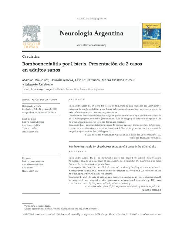 (PDF) Romboencefalitis por Listeria. Presentación de 2 casos en adultos ...
