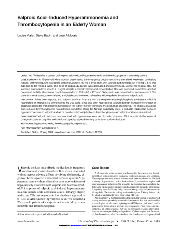 (PDF) Valproic Acid-Induced Hyperammonemia and Thrombocytopenia in an ...