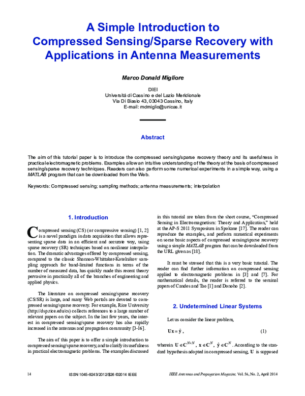 Pdf A Simple Introduction To Compressed Sensing Sparse Recovery With Applications In Antenna
