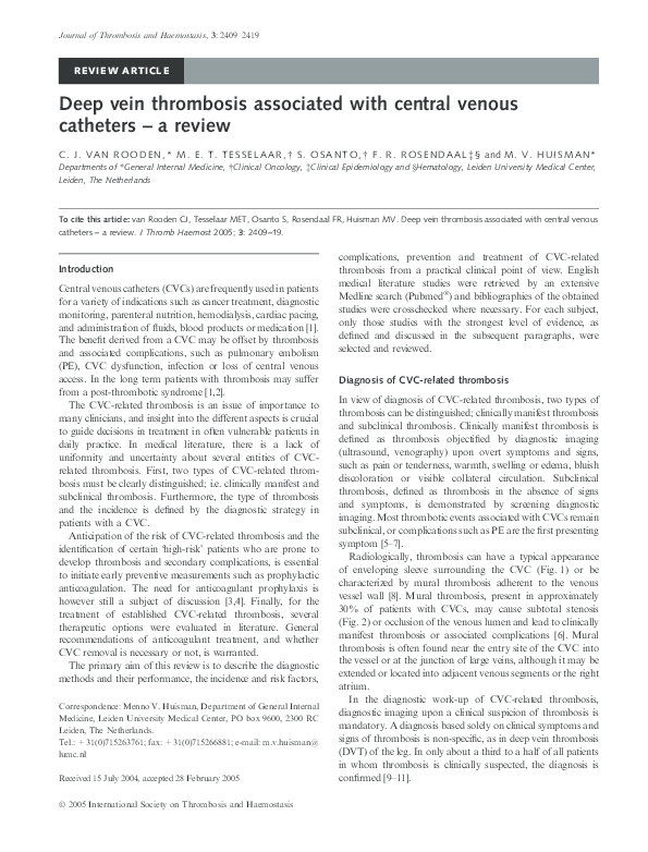 (PDF) Deep vein thrombosis associated with central venous catheters - a review