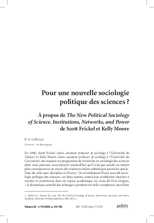 (PDF) Pour une nouvelle sociologie politique des sciences ? À propos de The New Political ...
