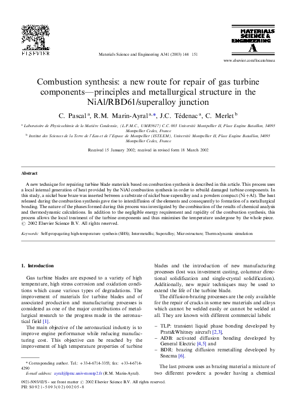 (PDF) Combustion synthesis: a new route for repair of gas turbine components—principles and ...