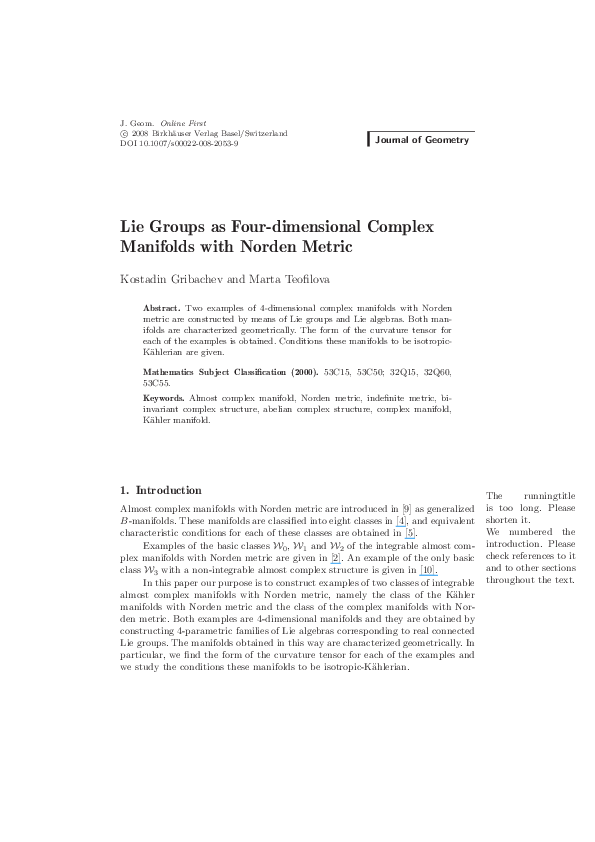(PDF) Lie Groups as Four-dimensional Complex Manifolds with Norden Metric