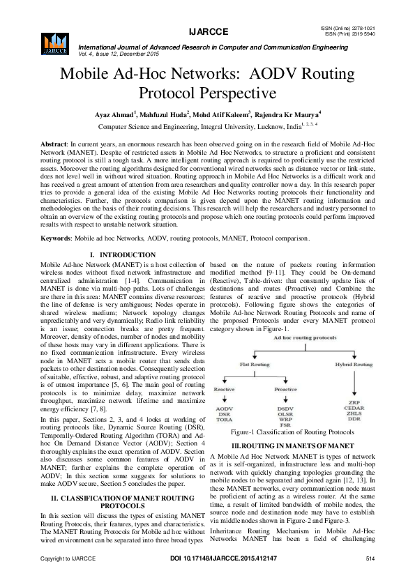 (PDF) Mobile Ad-Hoc Networks: AODV Routing Protocol Perspective