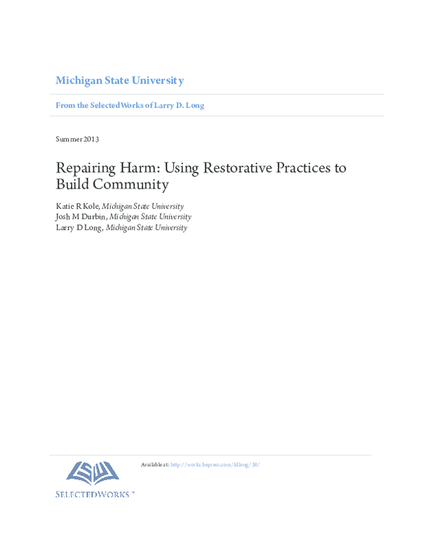 (PDF) Repairing Harm: Using Restorative Practices to Build Community | Larry D. Long and Josh ...