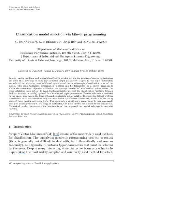 Pdf Classification Model Selection Via Bilevel Programming