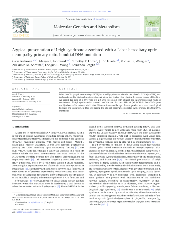(PDF) Atypical presentation of Leigh syndrome associated with a Leber ...