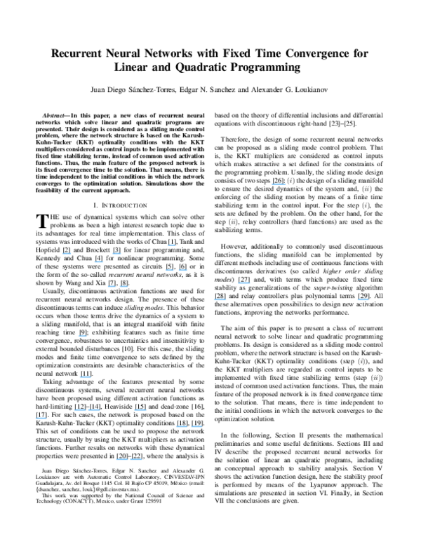 (PDF) Recurrent neural networks with fixed time convergence for linear and quadratic programming