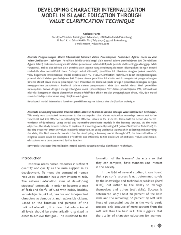 (PDF) DEVELOPING CHARACTER INTERNALIZATION MODEL IN ISLAMIC EDUCATION THROUGH VALUE ...