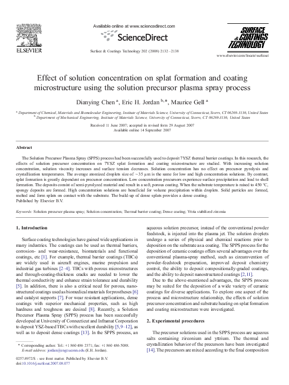 Pdf Effect Of Solution Concentration On Splat Formation And Coating Microstructure Using The