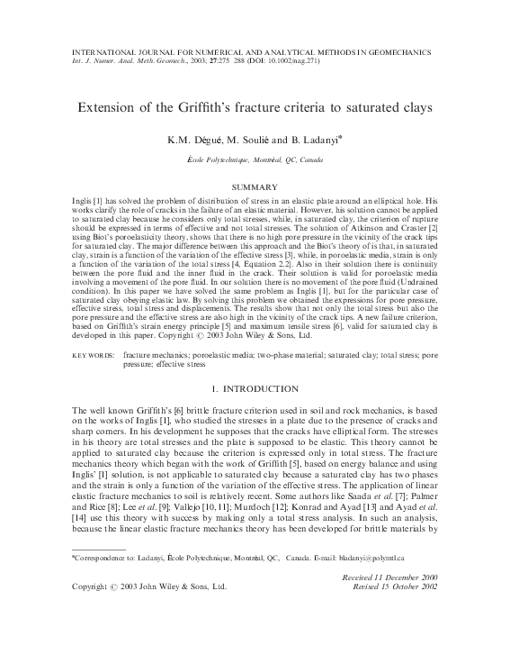 (PDF) Extension of the Griffith's fracture criteria to saturated clays