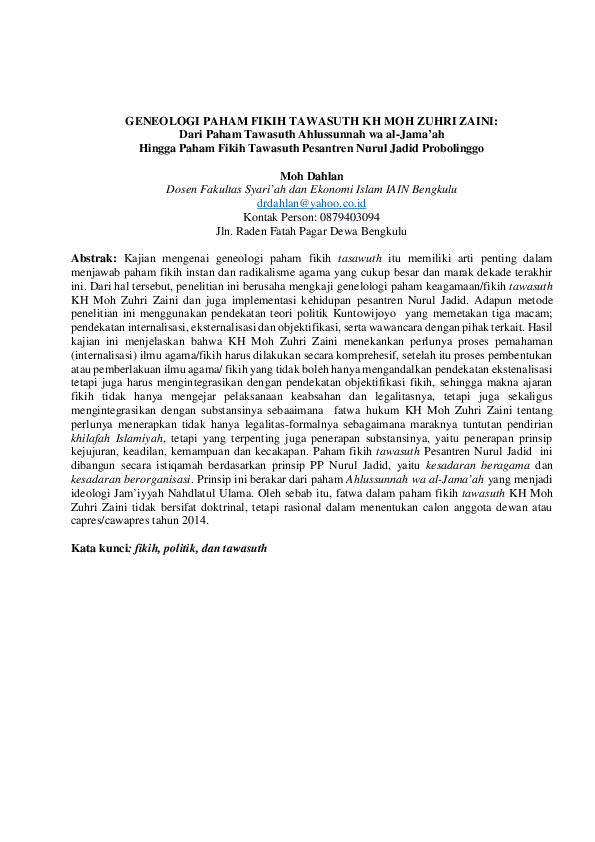 (PDF) GENEOLOGI PAHAM FIKIH TAWASUTH KH MOH ZUHRI ZAINI