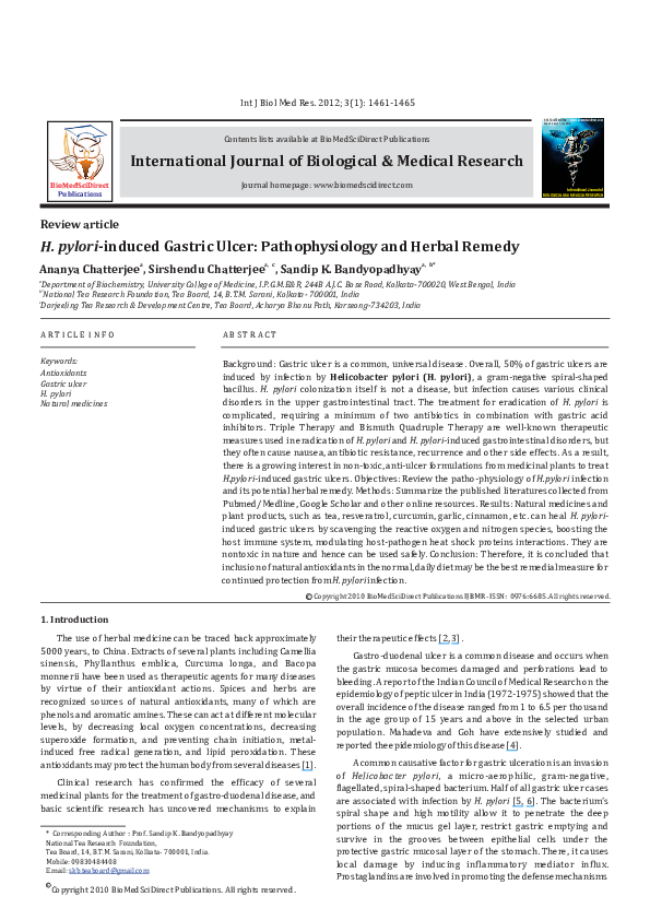 (PDF) H. pylori-induced Gastric Ulcer: Pathophysiology and Herbal Remedy
