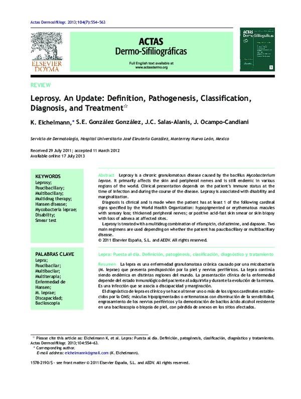 (PDF) Leprosy. An Update: Definition, Pathogenesis, Classification ...