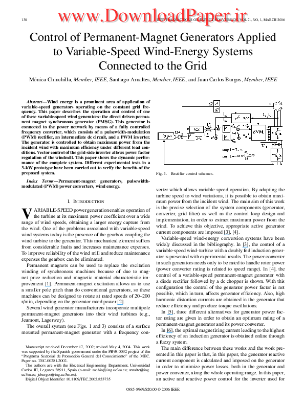 (PDF) Control of permanent-magnet generators applied to variable-speed wind-energy systems ...