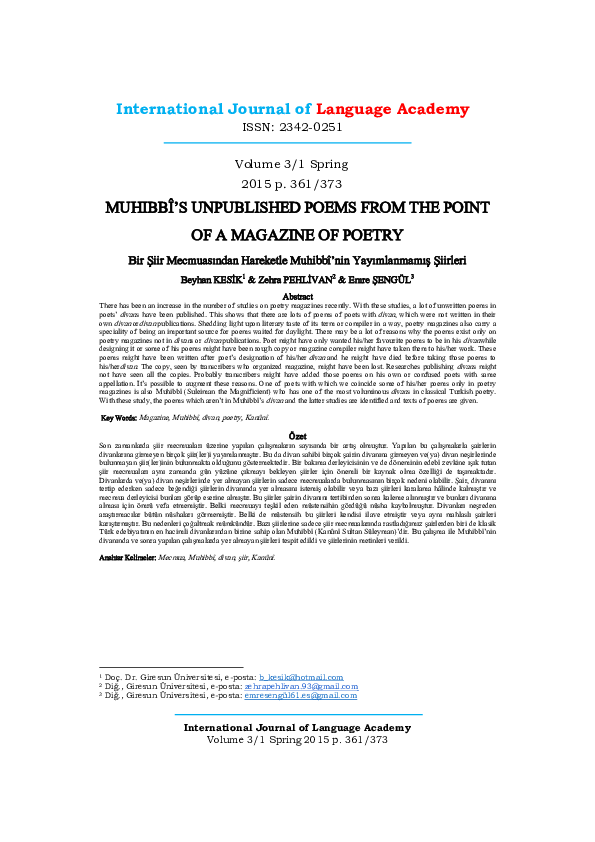 (PDF) Bir Şiir Mecmuasından Hareketle Muhibbi'nin Yayımlanmamış ...