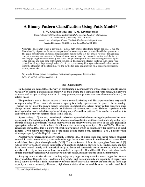 (PDF) A binary pattern classification using potts model