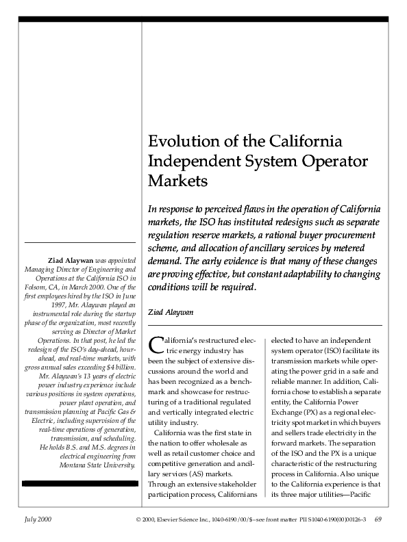 (PDF) Evolution of the California Independent System Operator Markets