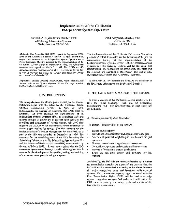 (PDF) Implementation of the California independent system operator