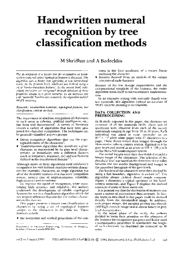 (PDF) Handwritten numeral recognition by tree classification methods