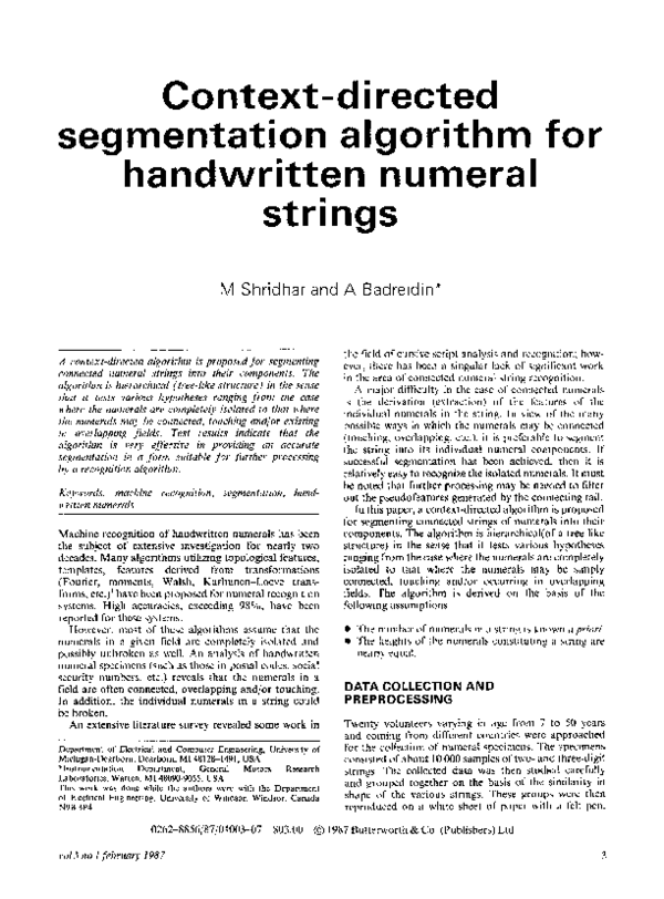 Pdf Context Directed Segmentation Algorithm For Handwritten Numeral Strings M Shridhar