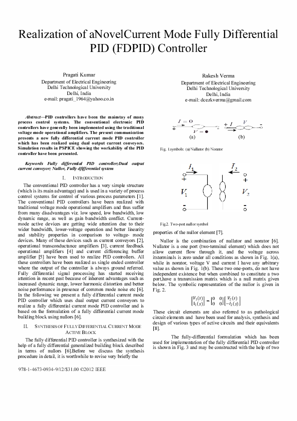 (PDF) Realization of aNovelCurrent Mode Fully Differential PID (FDPID) Controller