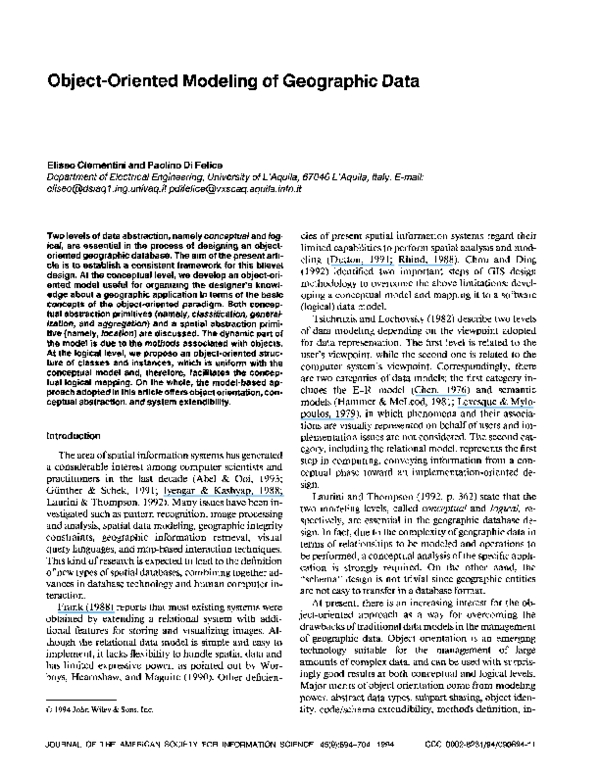 Pdf Object Oriented Modeling Of Geographic Data