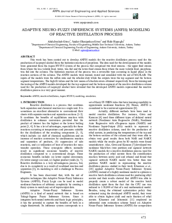 Pdf Adaptive Neuro Fuzzy Inference Systems Anfis Modeling Of