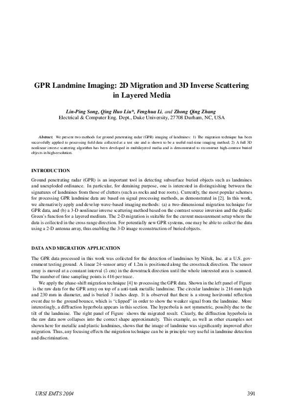 (PDF) GPR Landmine Imaging: 2D Migration and 3D Inverse Scattering in Layered Media