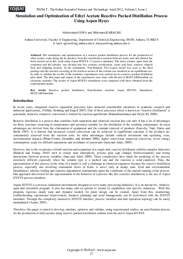 Pdf Simulation And Optimization Of Ethyl Acetate Reactive Packed