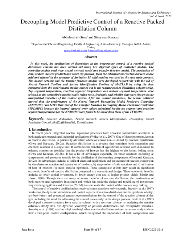 Pdf Modelling Simulation And Optimization Of A Reactive Distillation