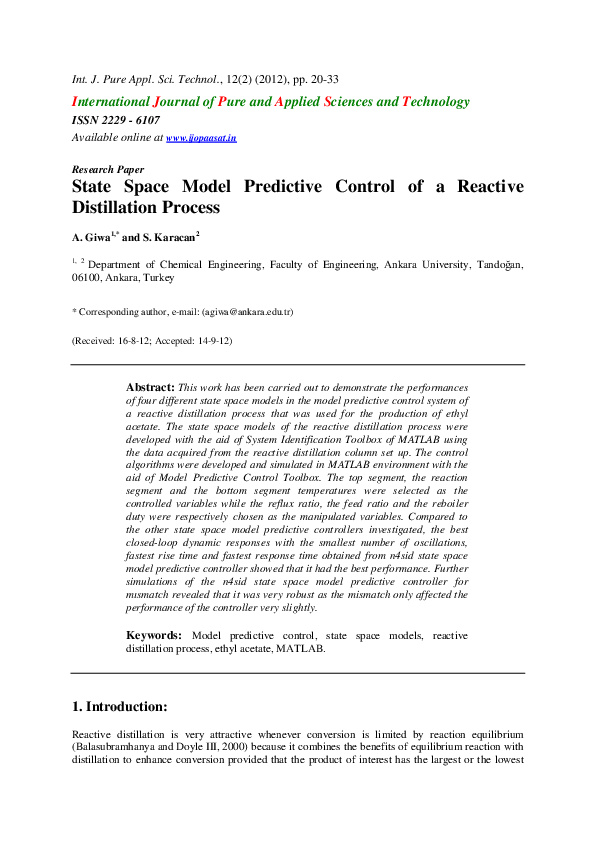 Pdf State Space Model Predictive Control Of A Reactive Distillation Process