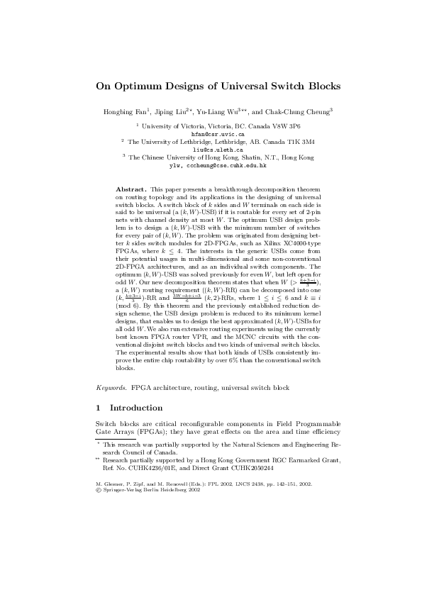 (PDF) On Optimum Designs of Universal Switch Blocks