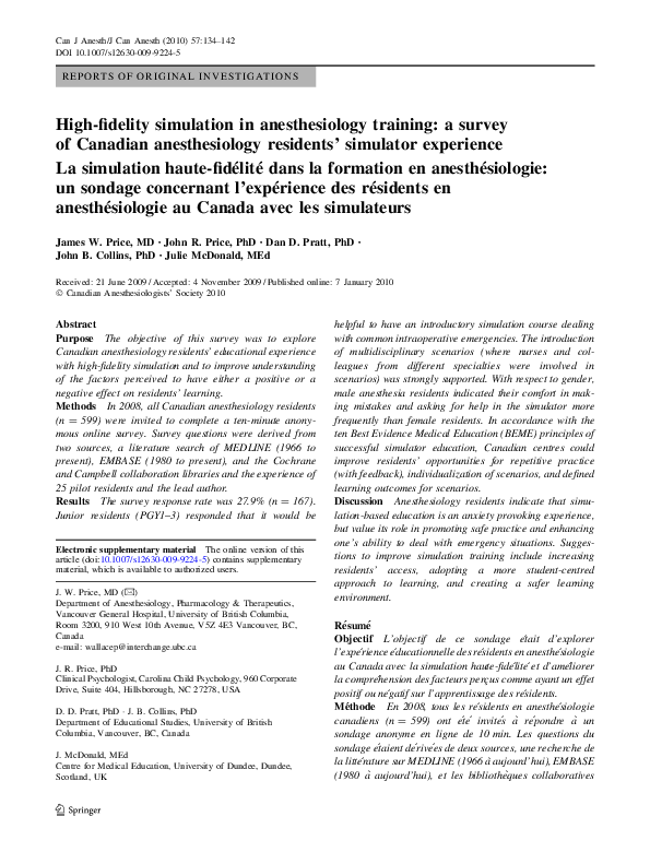 (PDF) High-fidelity simulation in anesthesiology training: a survey of Canadian anesthesiology ...
