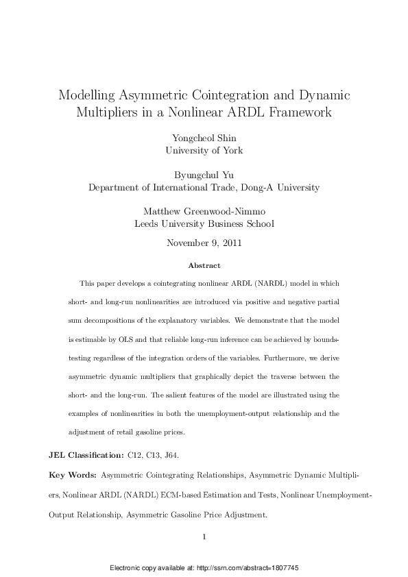 (PDF) Modelling Asymmetric Cointegration and Dynamic Multipliers in a Nonlinear ARDL Framework
