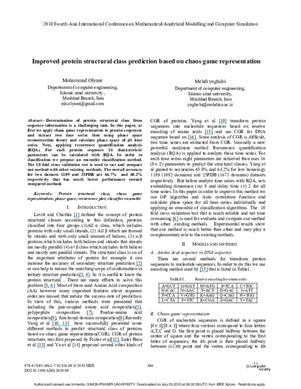 Pdf Improved Protein Structural Class Prediction Based On Chaos Game Representation