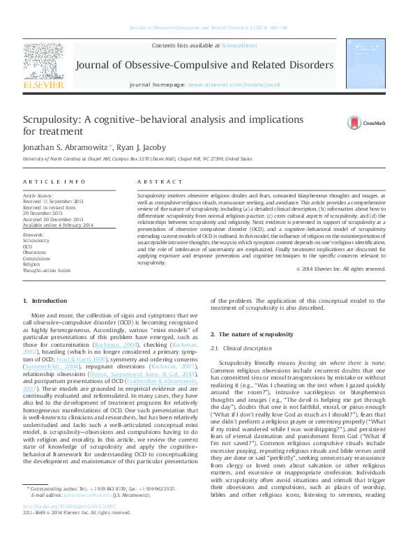 (PDF) Scrupulosity: A cognitive–behavioral analysis and implications ...