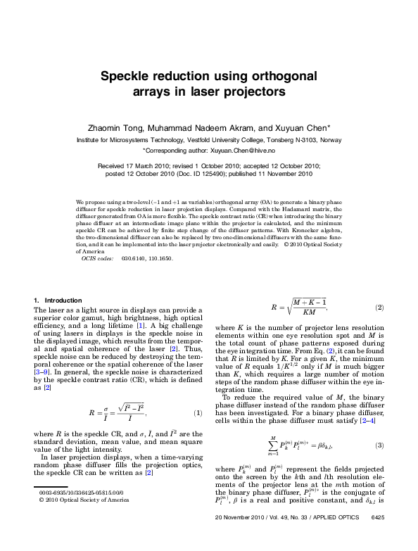 (PDF) Speckle reduction using orthogonal arrays in laser projectors