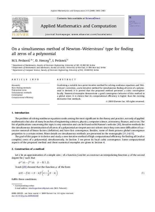 (PDF) On a simultaneous method of Newton–Weierstrass’ type for finding all zeros of a polynomial