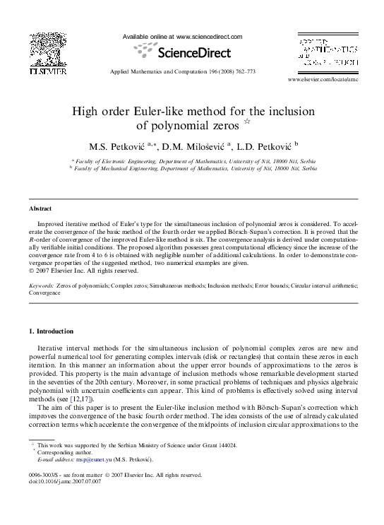 (PDF) High order Euler-like method for the inclusion of polynomial zeros