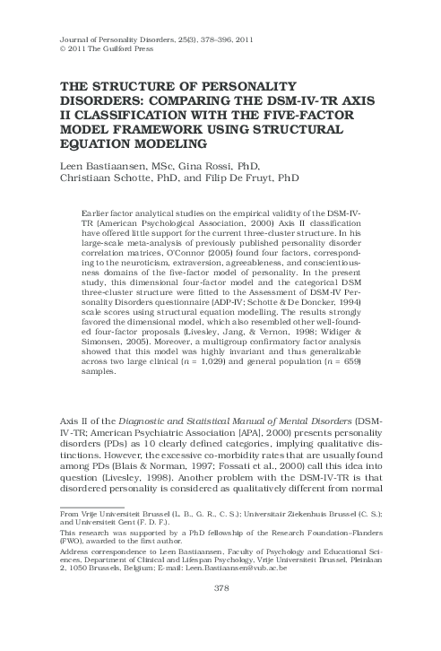 (PDF) The Structure of Personality Disorders: Comparing the DSM-IV-TR ...