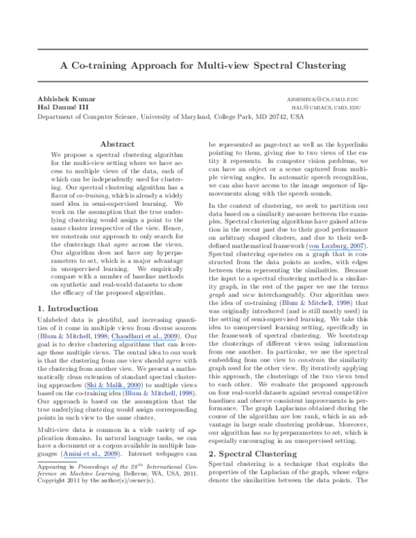 Pdf A Co Training Approach For Multi View Spectral Clustering