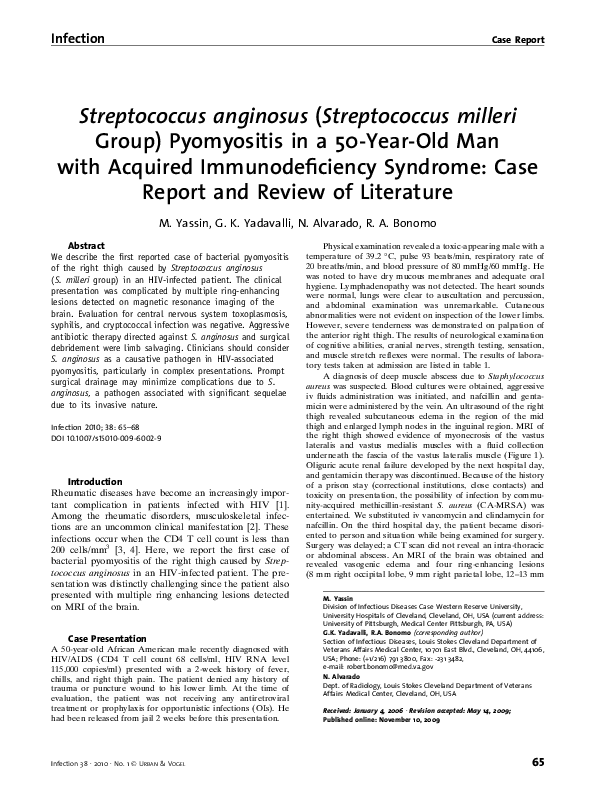(PDF) Streptococcus anginosus (Streptococcus milleri Group) Pyomyositis in a 50-Year-Old Man ...