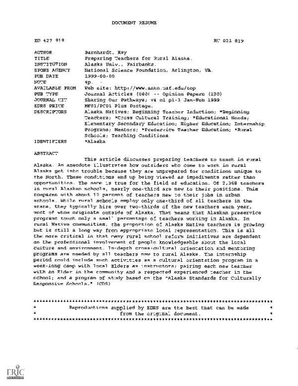 (PDF) Preparing Teachers for Rural Alaska | Ray Barnhardt - Academia.edu