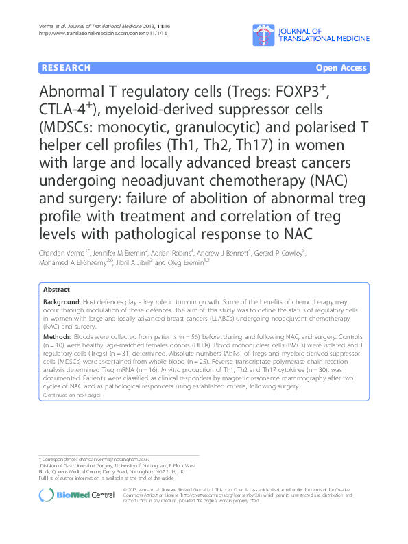 (PDF) Abnormal T regulatory cells (Tregs: FOXP3+, CTLA-4+), myeloid-derived suppressor cells ...