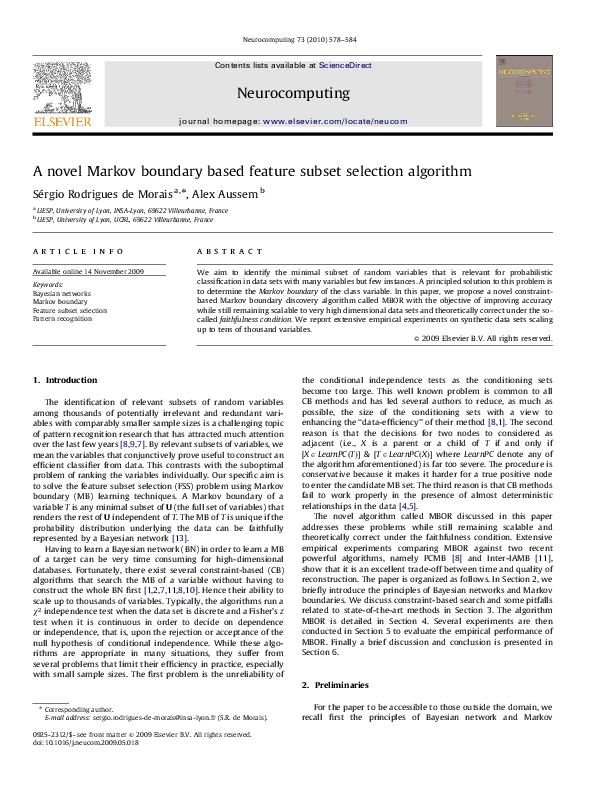 (PDF) A novel Markov boundary based feature subset selection algorithm
